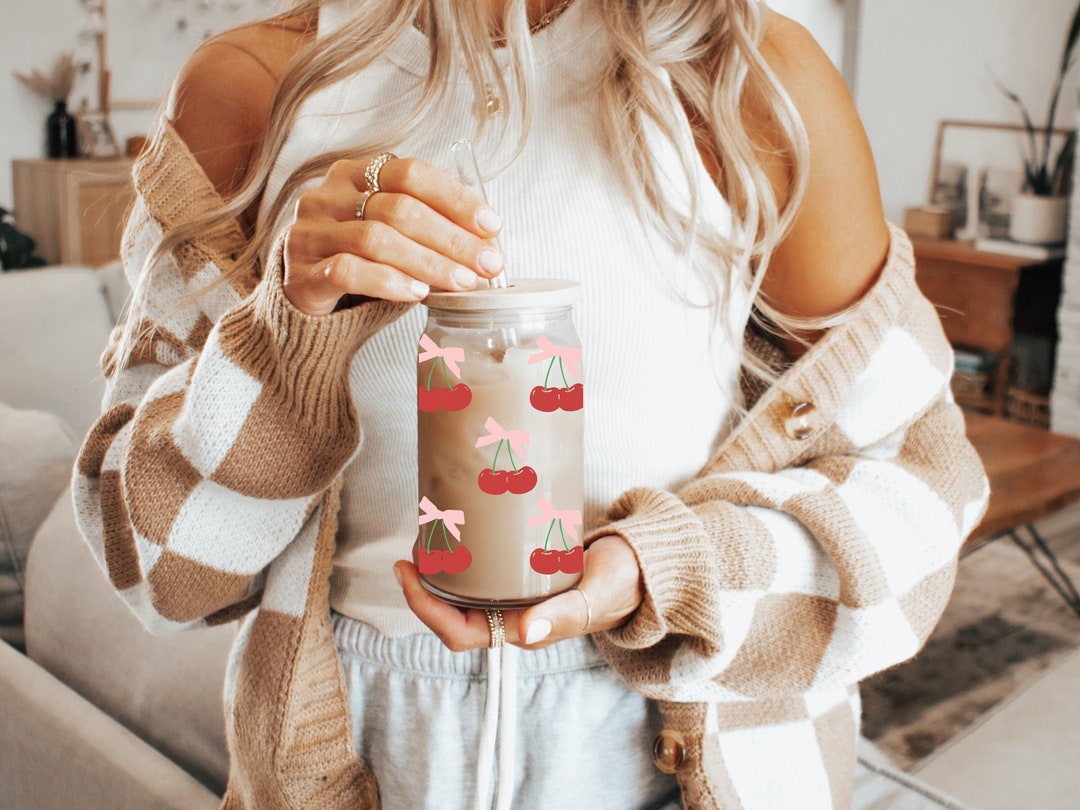 Pink Bow Glass Cherry Iced Coffee Glass Bow Libbey Glass Lid Straw ...