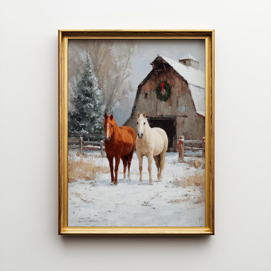 Rustic Winter Barn Scene Printable Christmas Art, Horses in Snow ...