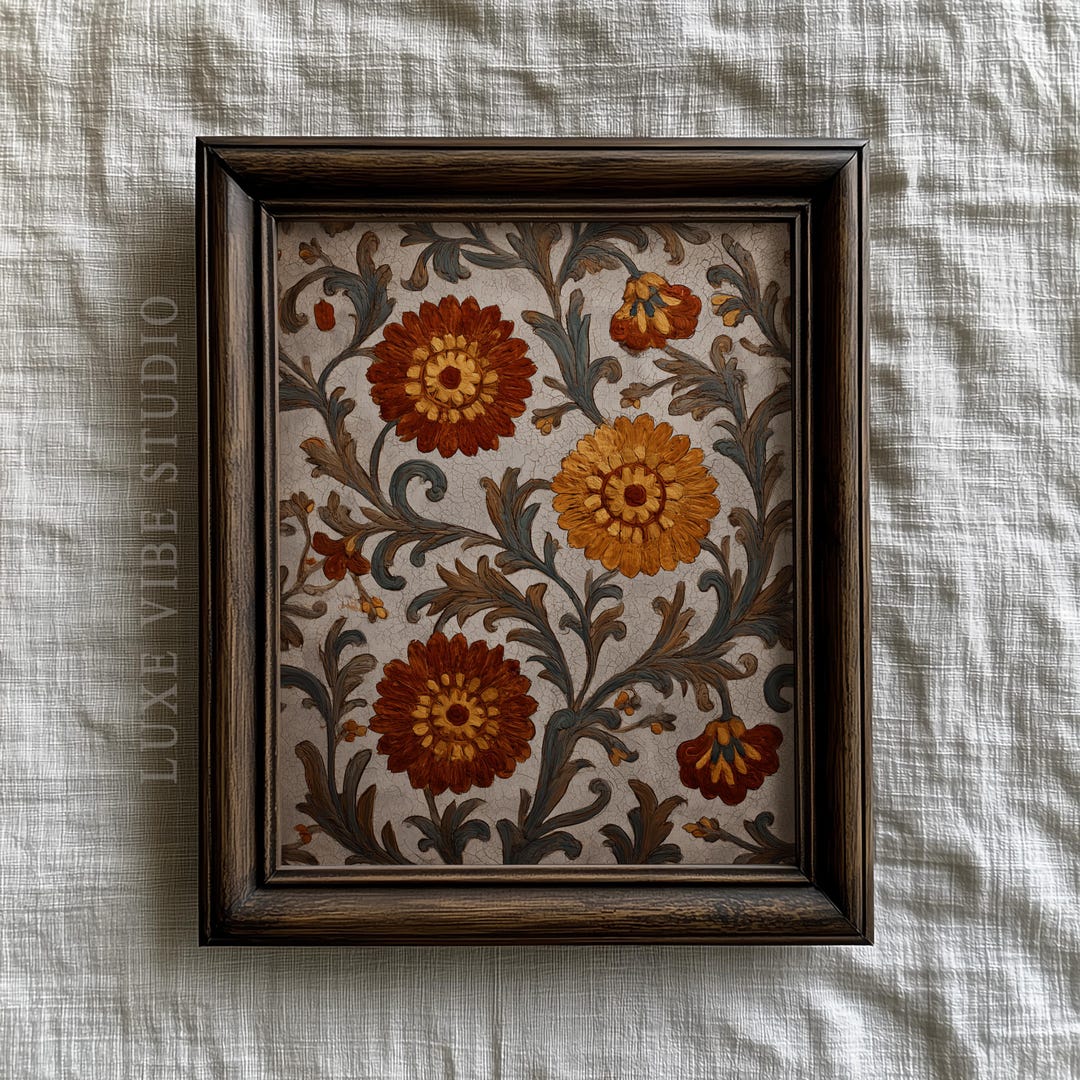 Balkan Folk Floral Painting, Rustic Mustard and Rust Blooms, Vintage ...