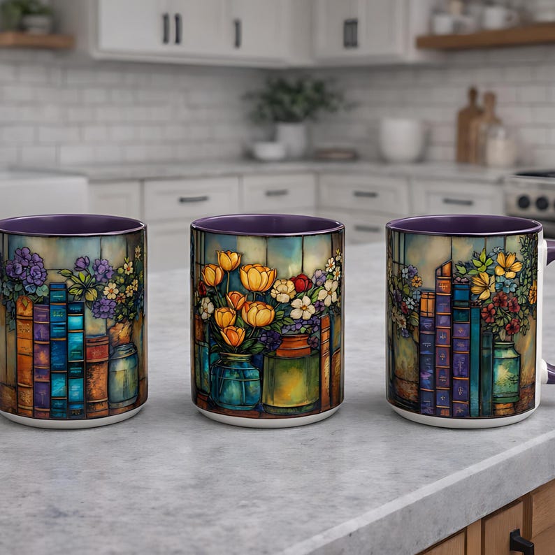 Stained-glass Style Floral Bookshelf Mug, Book Lover Gift, Bookish Mug ...