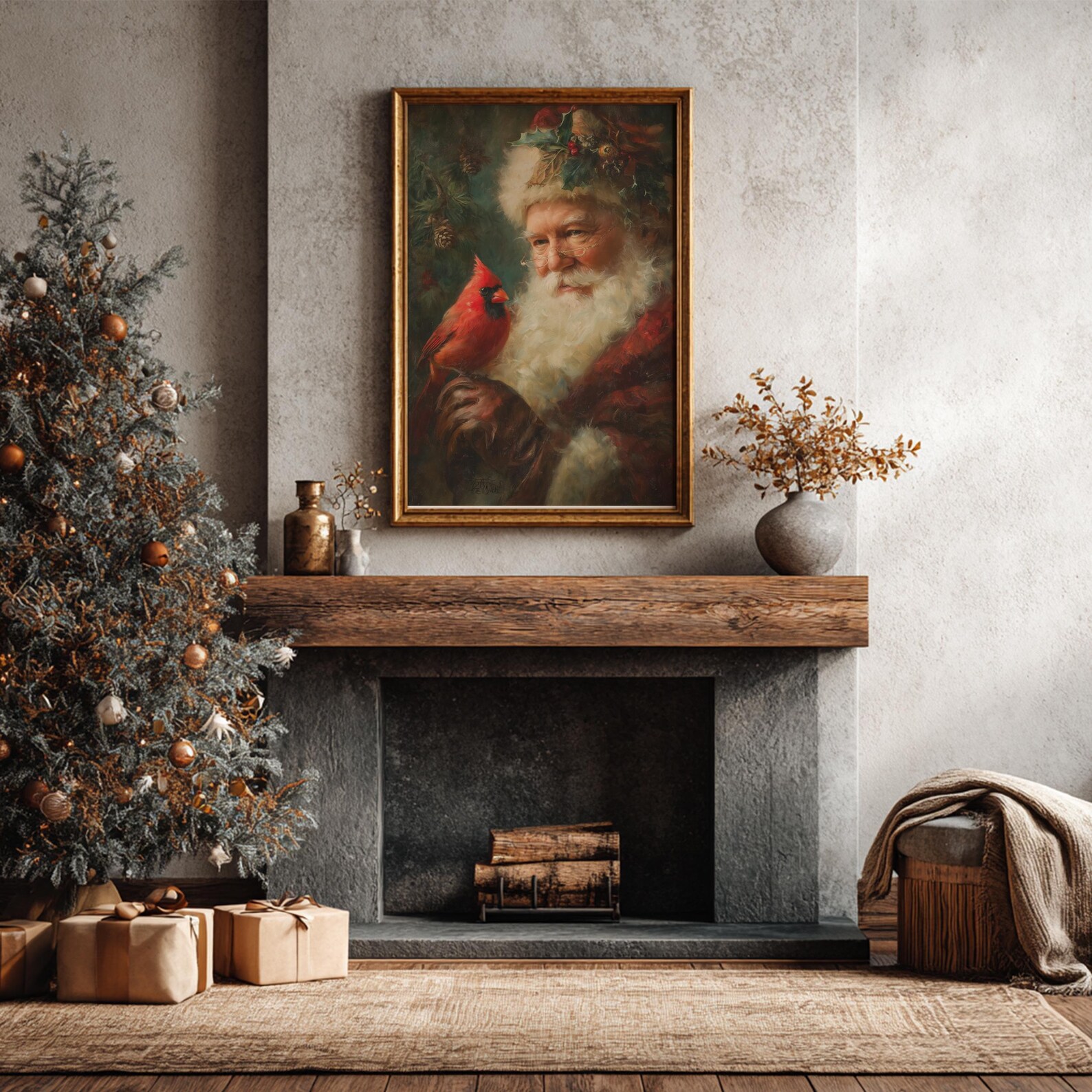 Traditional Santa Claus With Cardinal - Rustic Christmas Oil Painting ...