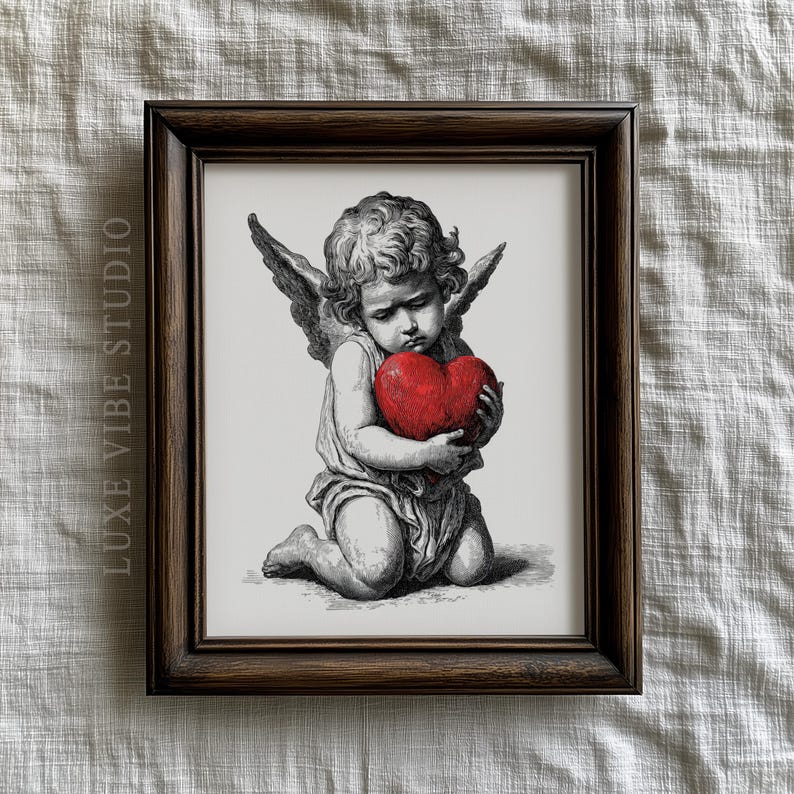 Moody Cherub With Red Heart Art, Gothic Romantic Angel Print, Vintage ...