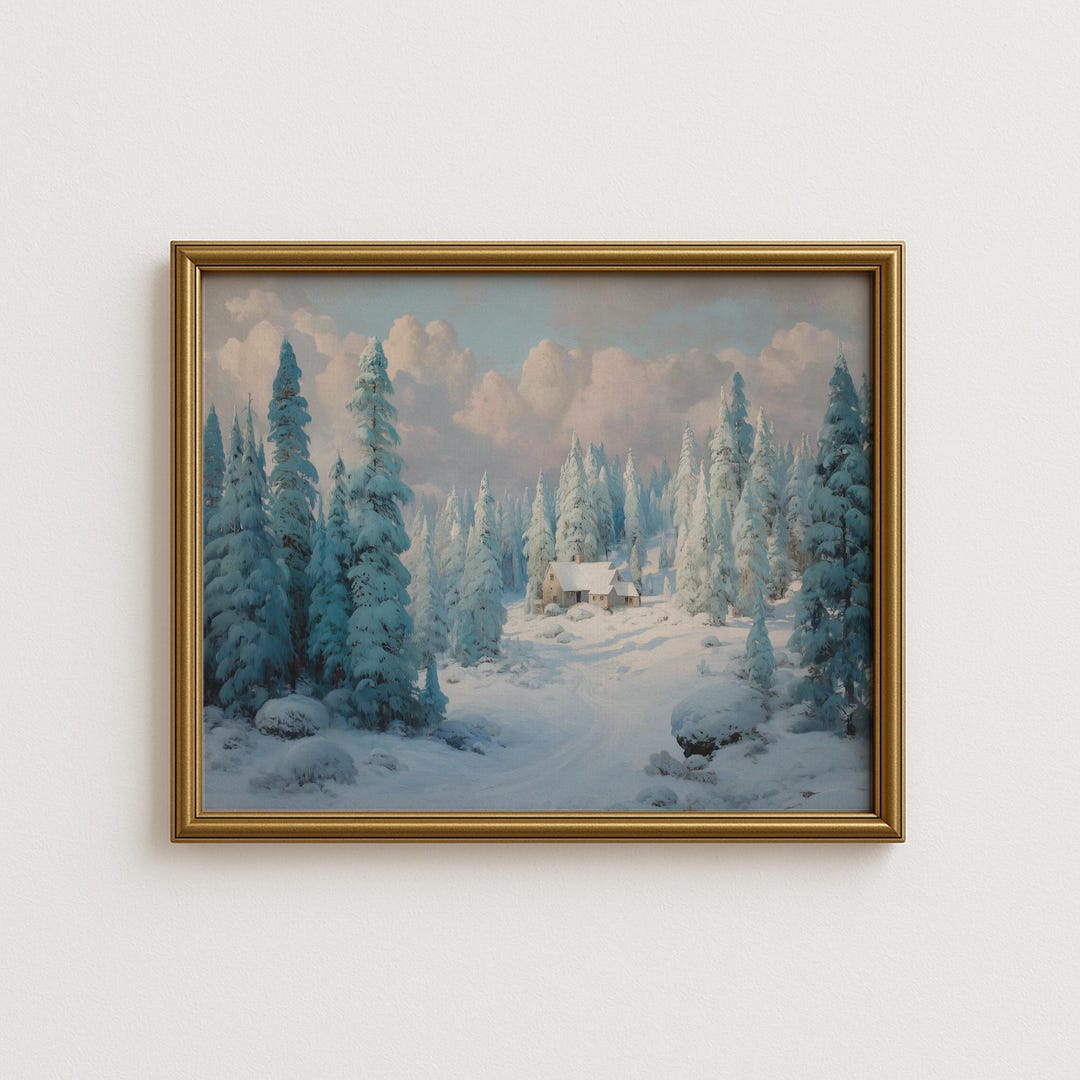 Winter Wonderland Scene Printable - Snowy Forest Oil Painting, Rustic ...