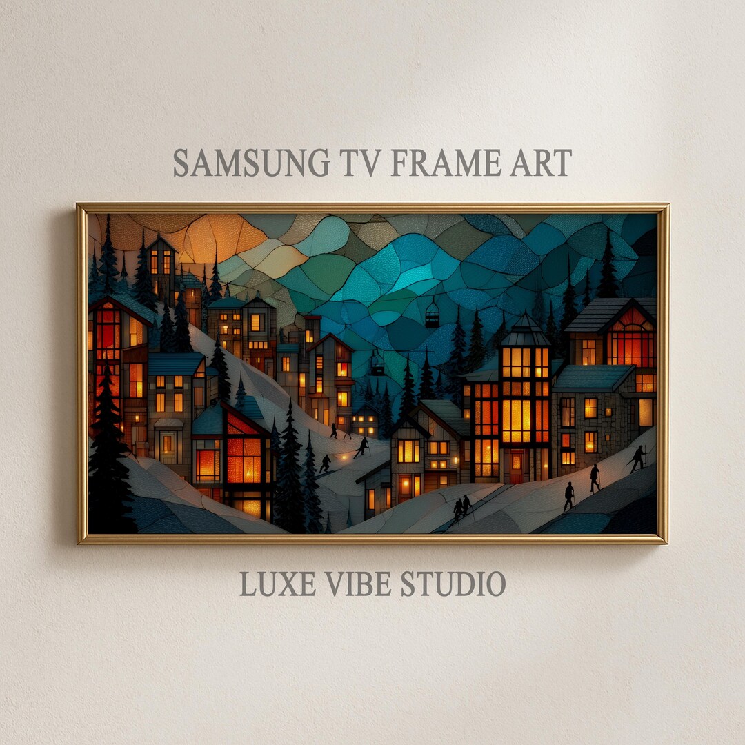 Cozy Alpine Ski Village Stained Glass, Samsung TV Frame Art, Winter ...
