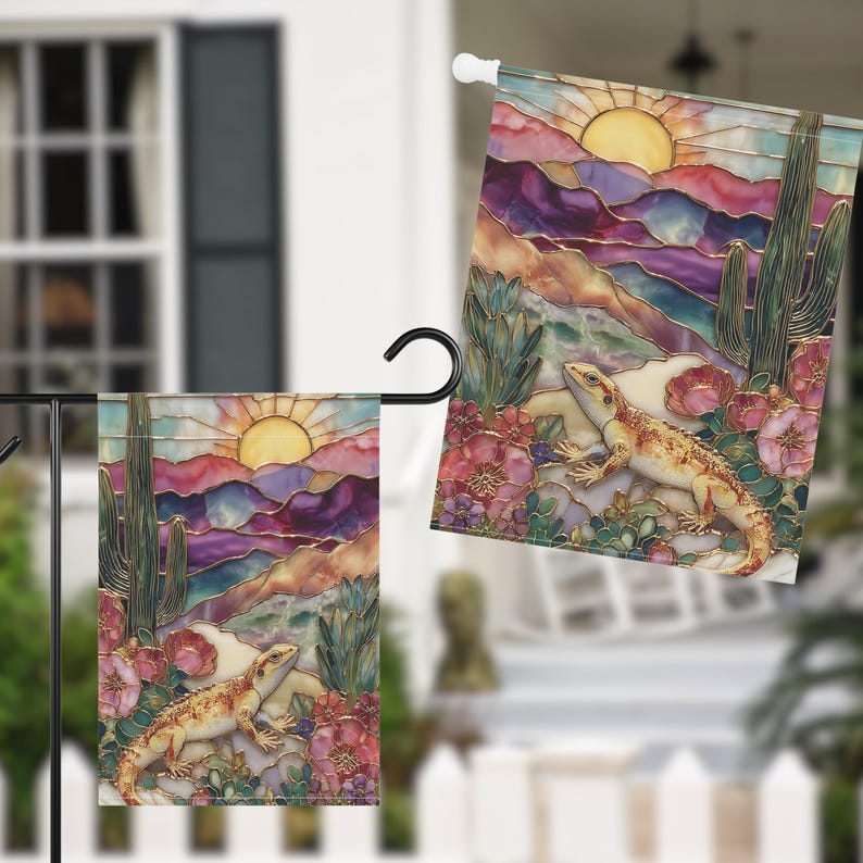 Stained Glass Desert Lizard Porch Flag , Southwest Cactus Garden Flag ...