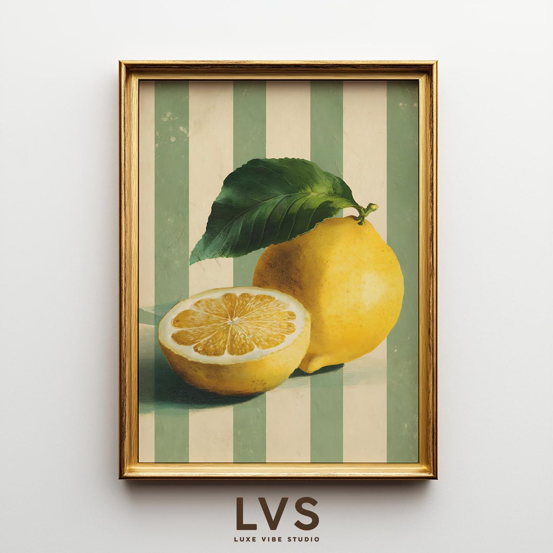 Vintage Lemon Printable Art - Striped Wall Decor, Rustic Citrus Fruit ...