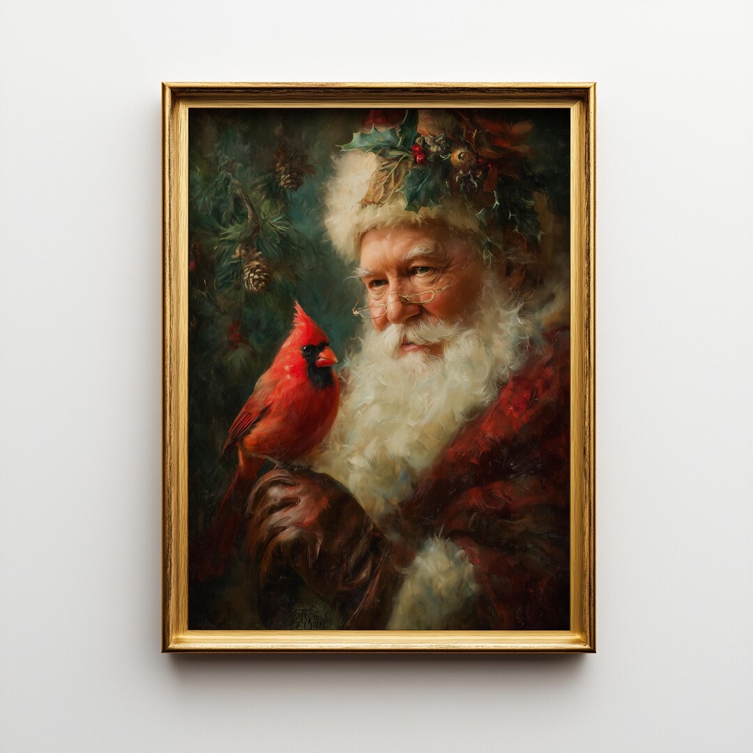 Traditional Santa Claus With Cardinal - Rustic Christmas Oil Painting ...