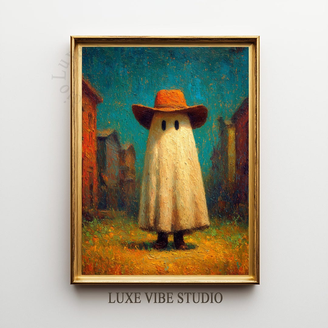 Vintage Ghost in Cowboy Hat - Spooky Cute Western Printable, Rustic Art ...