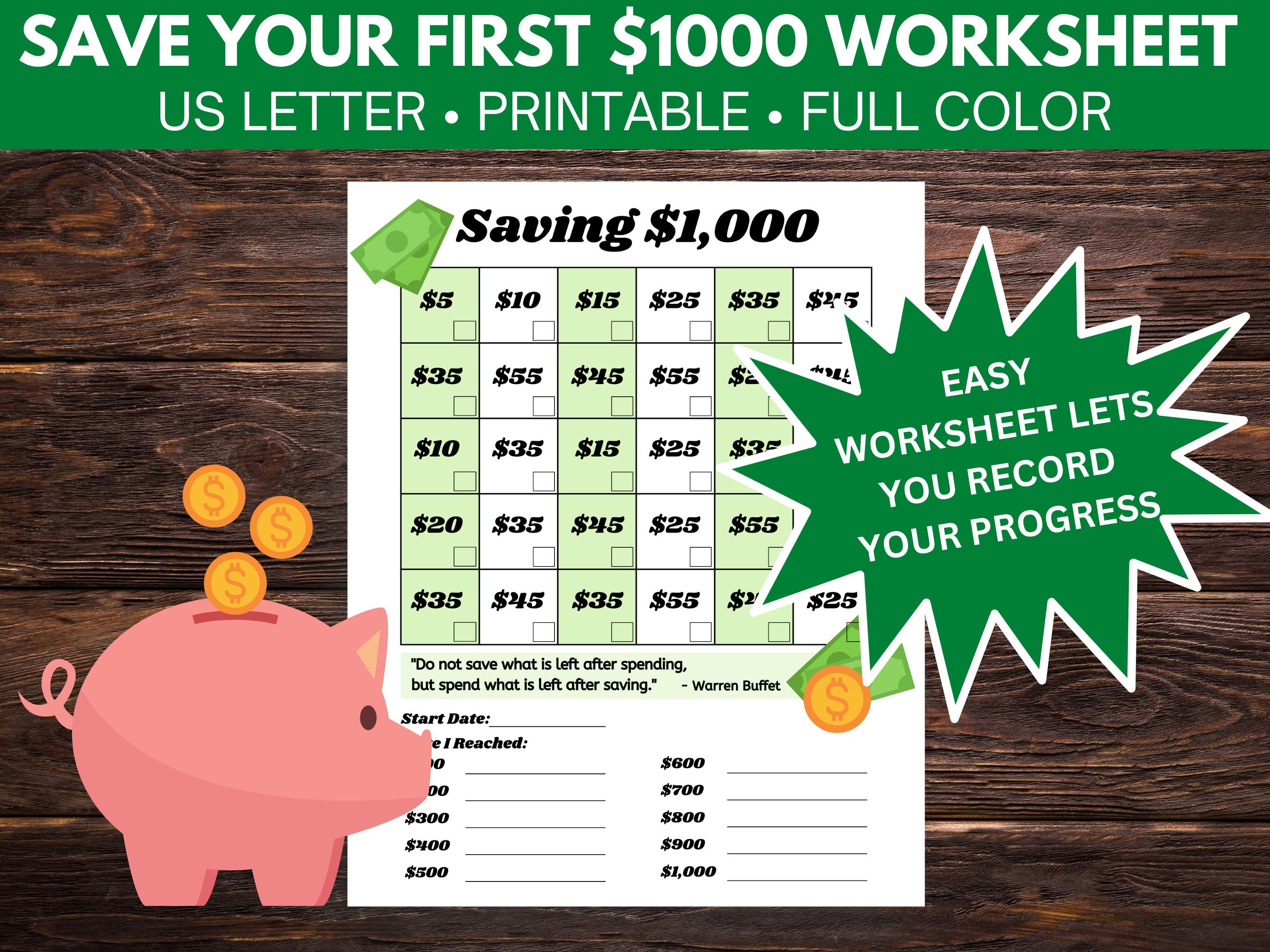 1000 Dollar Savings Tracker, Printable, Personal Budget, Instant ...