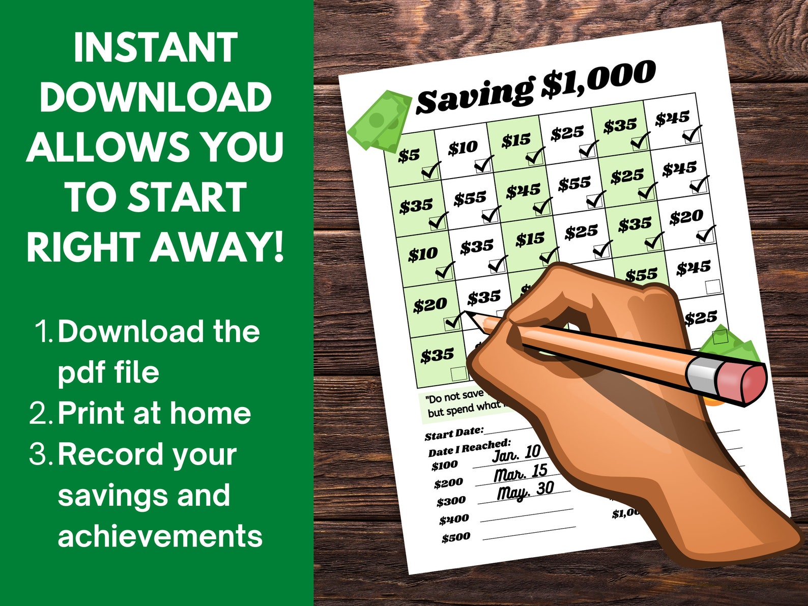 1000 Dollar Savings Tracker, Printable, Personal Budget, Instant ...