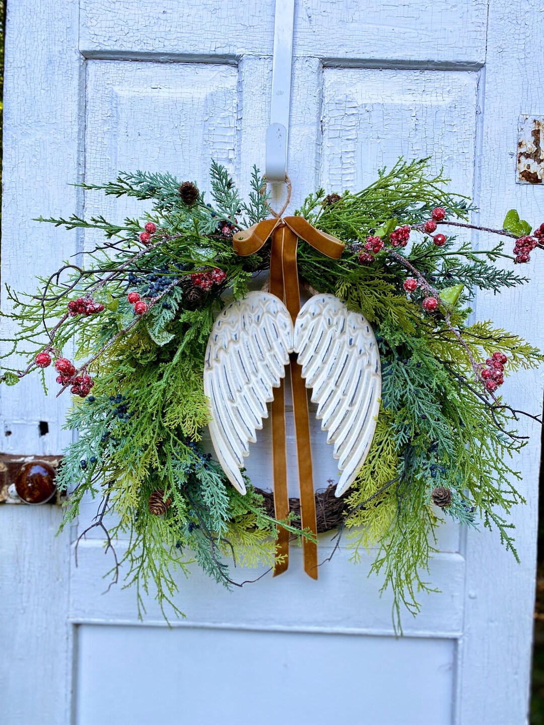 Angel Wings Grapevine Wreath With Cedar Red Berries Pinecones Metal ...