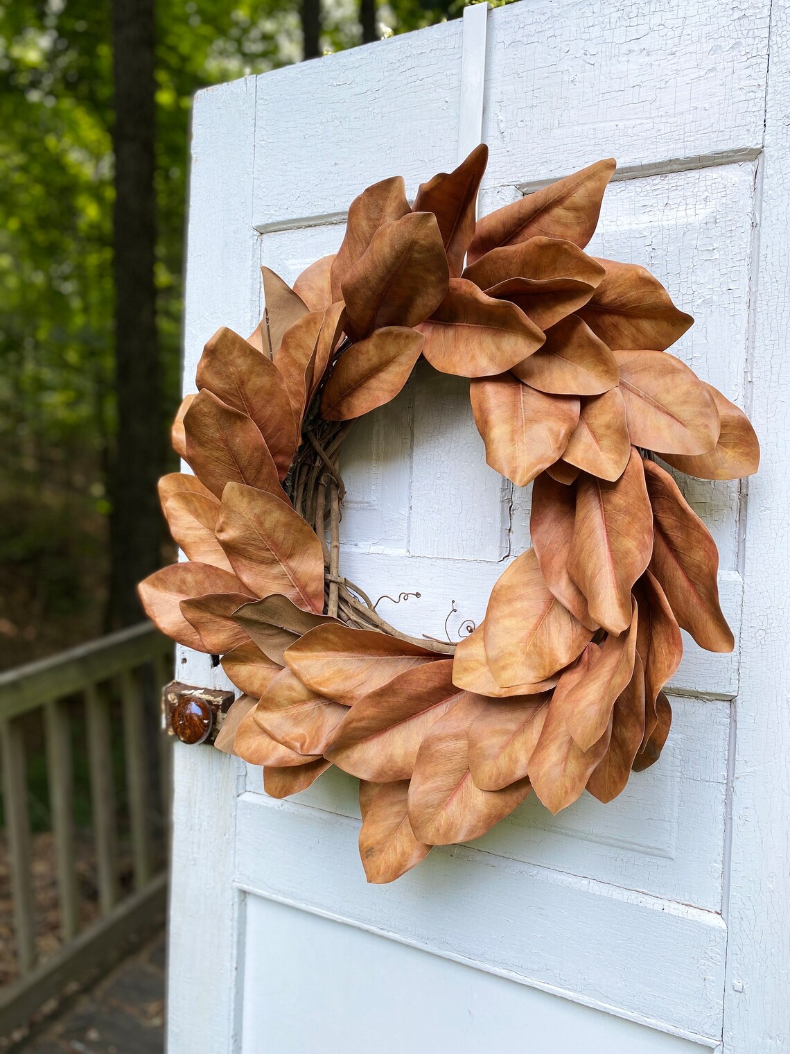 Fall Magnolia Wreath, Faux Magnolia Rust Orange and Brown Leaf Wreath ...