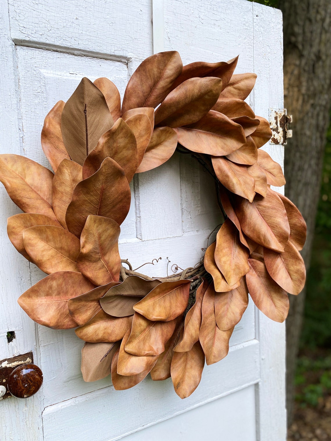 Fall Magnolia Wreath, Faux Magnolia Rust Orange and Brown Leaf Wreath ...