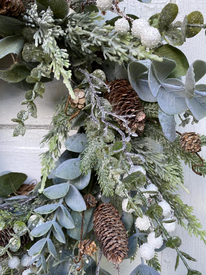 Winter Eucalyptus and Evergreen Wreath With Pinecones and White Berries ...