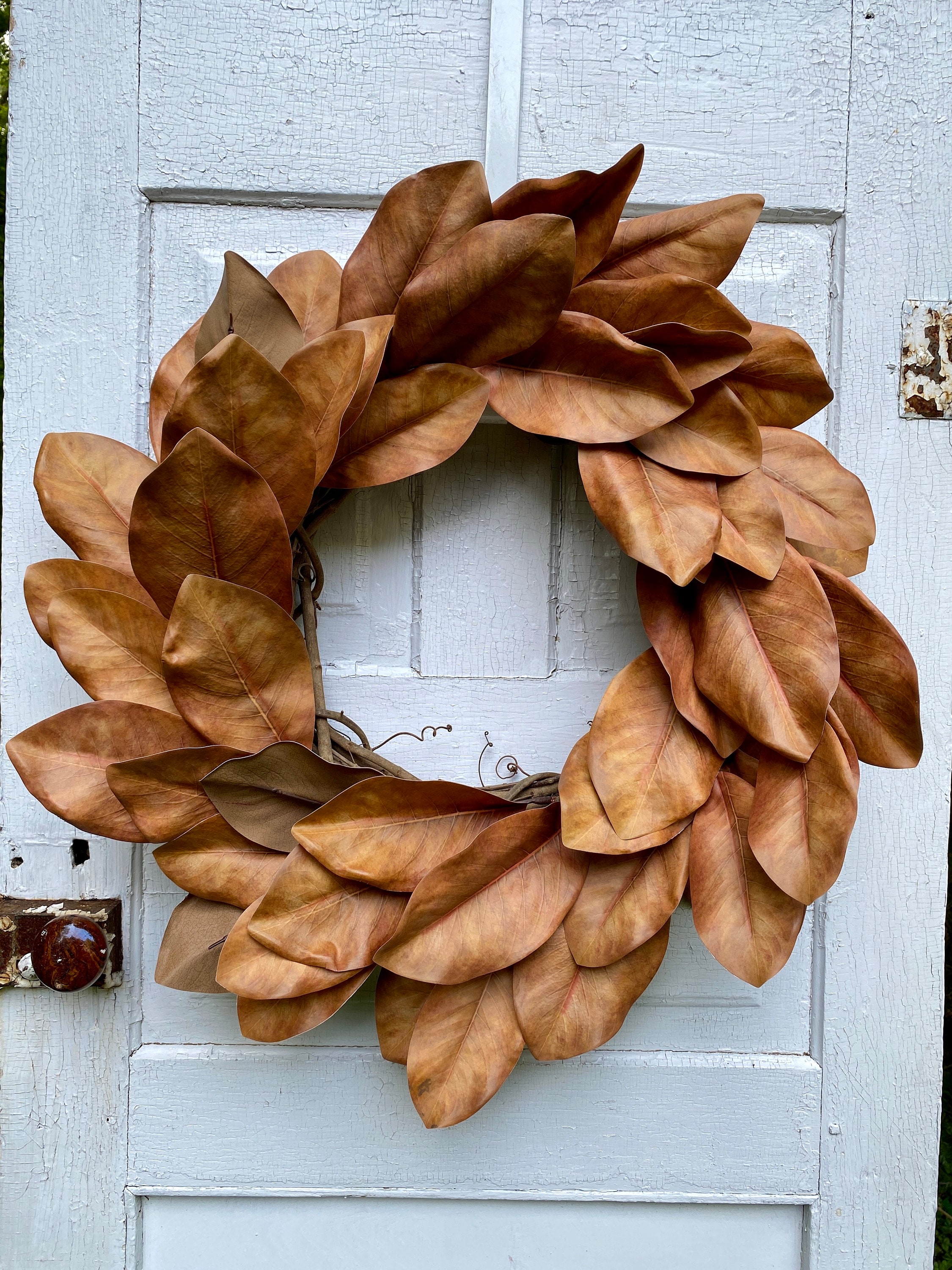 Fall Magnolia Wreath, Faux Magnolia Rust Orange and Brown Leaf Wreath ...