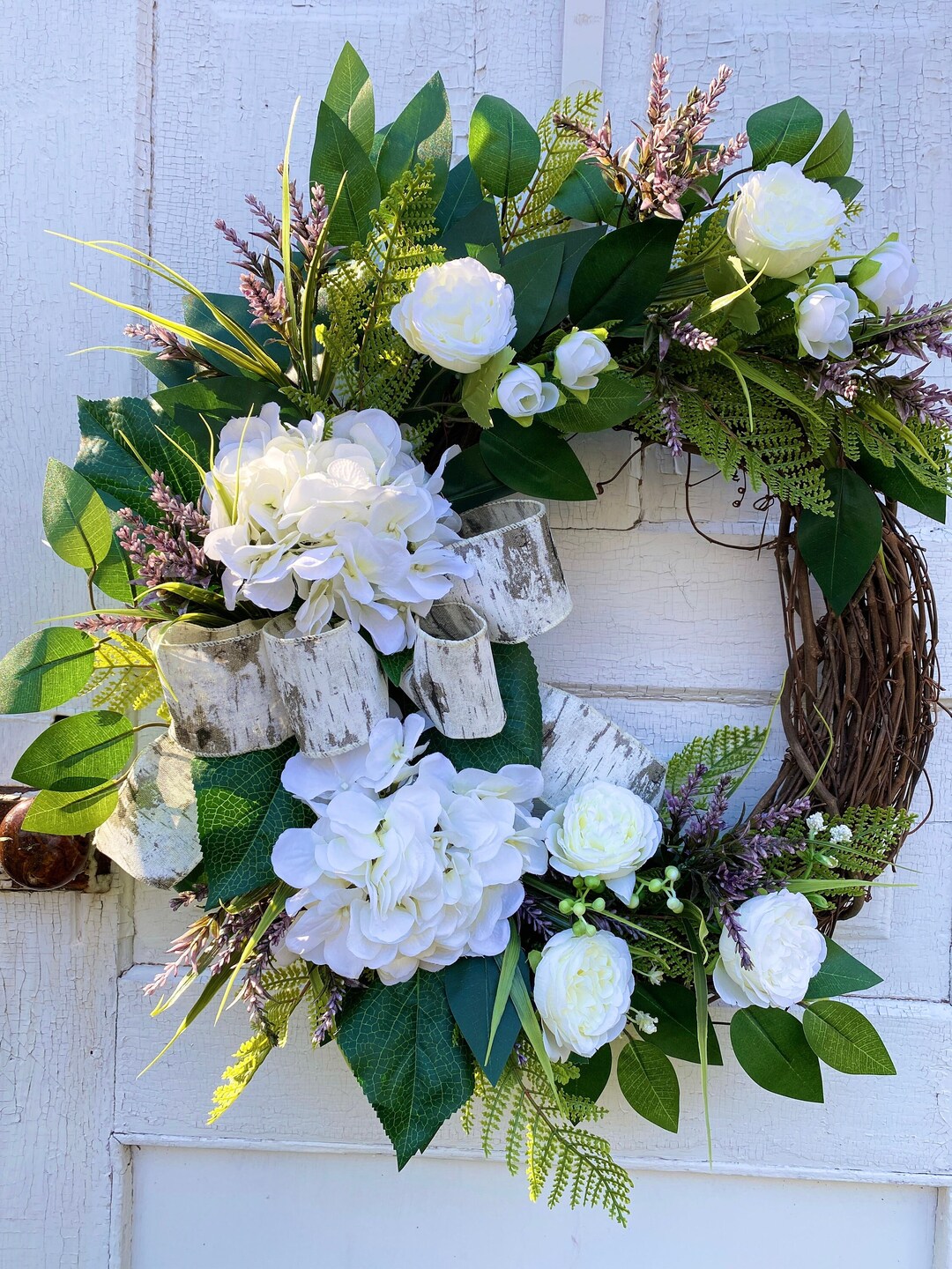 White Hydrangea Wreath, Birch Bark Ribbon, White Cabbage Rose, Berries ...