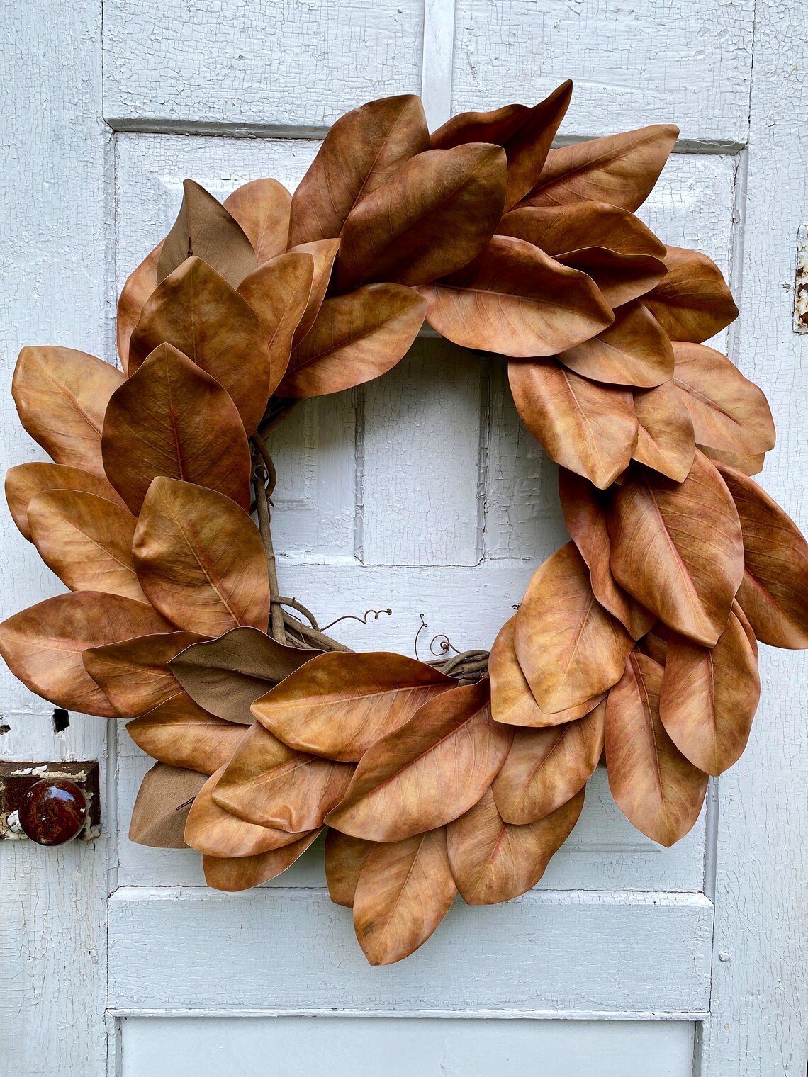 Fall Magnolia Wreath, Faux Magnolia Rust Orange and Brown Leaf Wreath ...