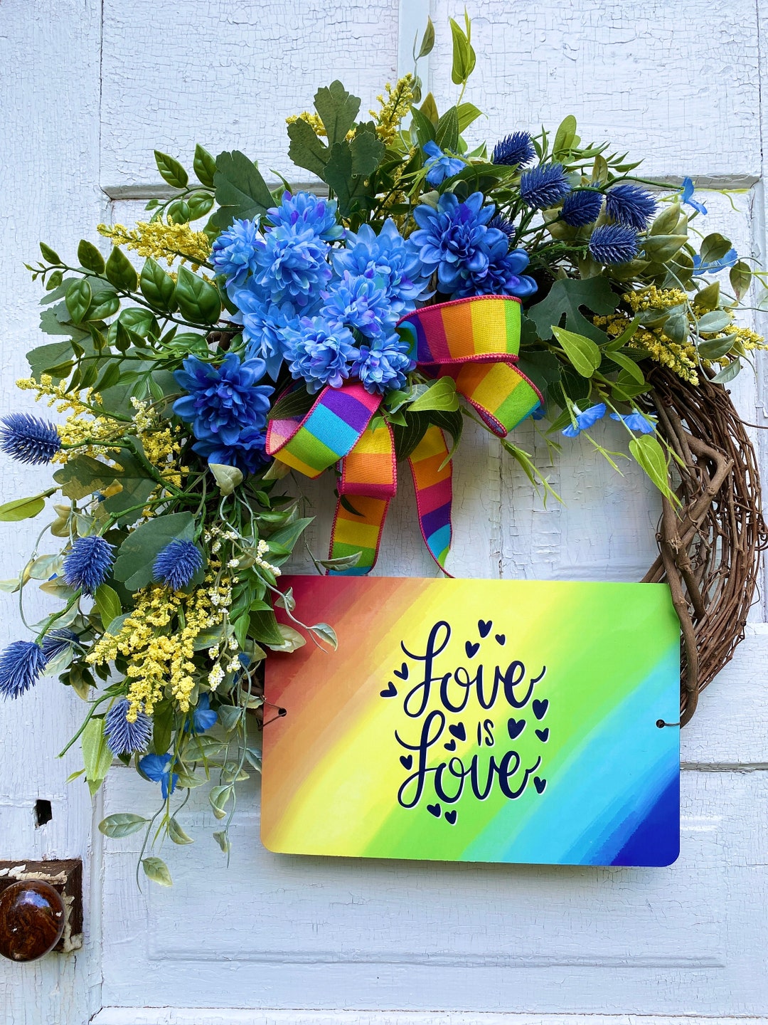 Pride Wreath Love is Love Metal Sign Lots of Beautiful Shades of Blue ...
