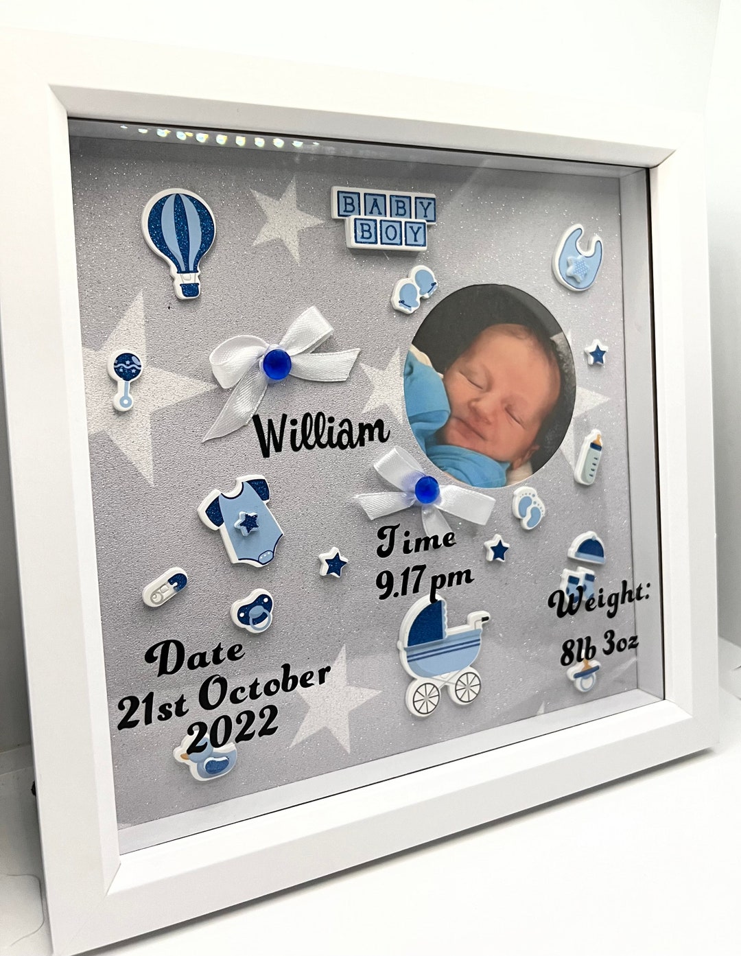 Personalised Baby Boys Birth Memory Box Frame With Photo. Christening ...