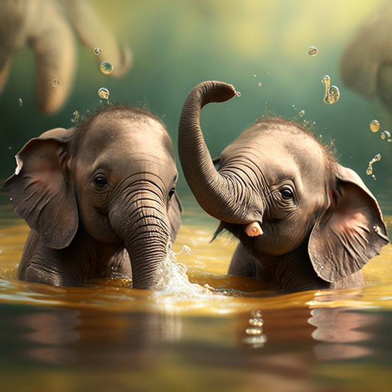 Cute Baby Elephants Playing In Water