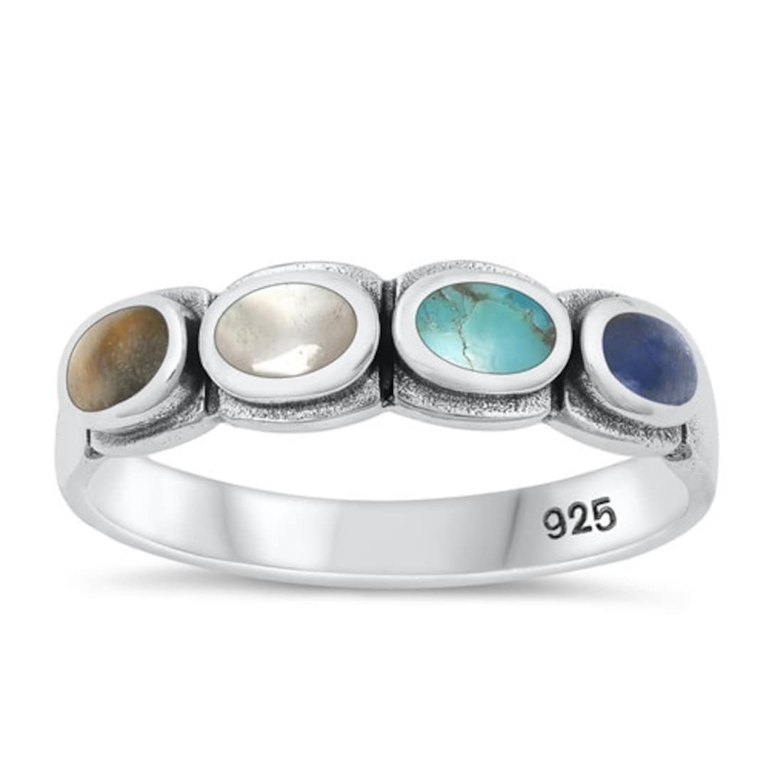 Men's Multi Stone Tiger's Eye Moonstone Turquoise Lapis Band Ring 925 ...