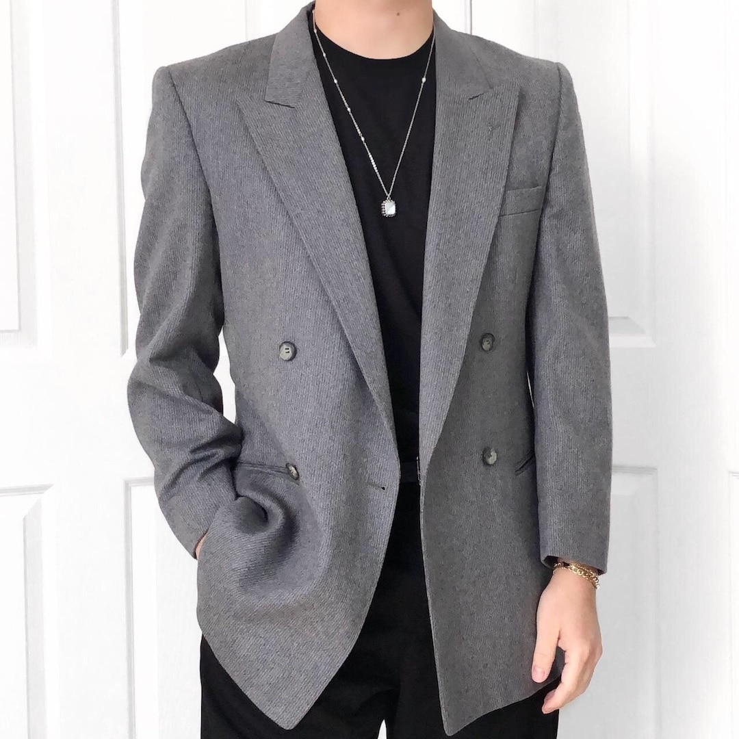 Vintage Double Breasted Tailored Suit Jacket in Grey Men's Vintage Men ...