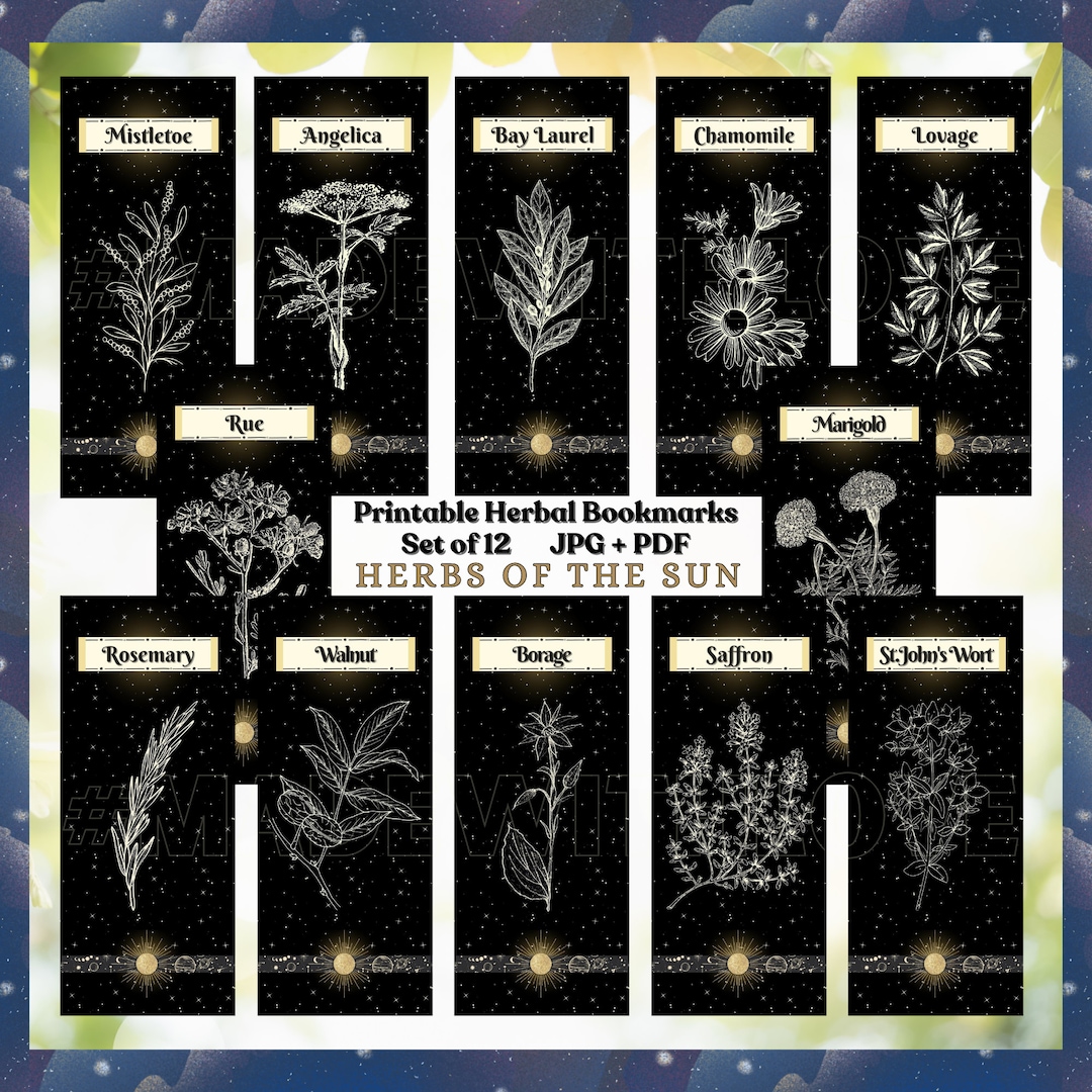 Printable Herbal Bookmarks, Celestial Botanical Art, Starry Set of 12, Herbs of the Sun, Digital ...