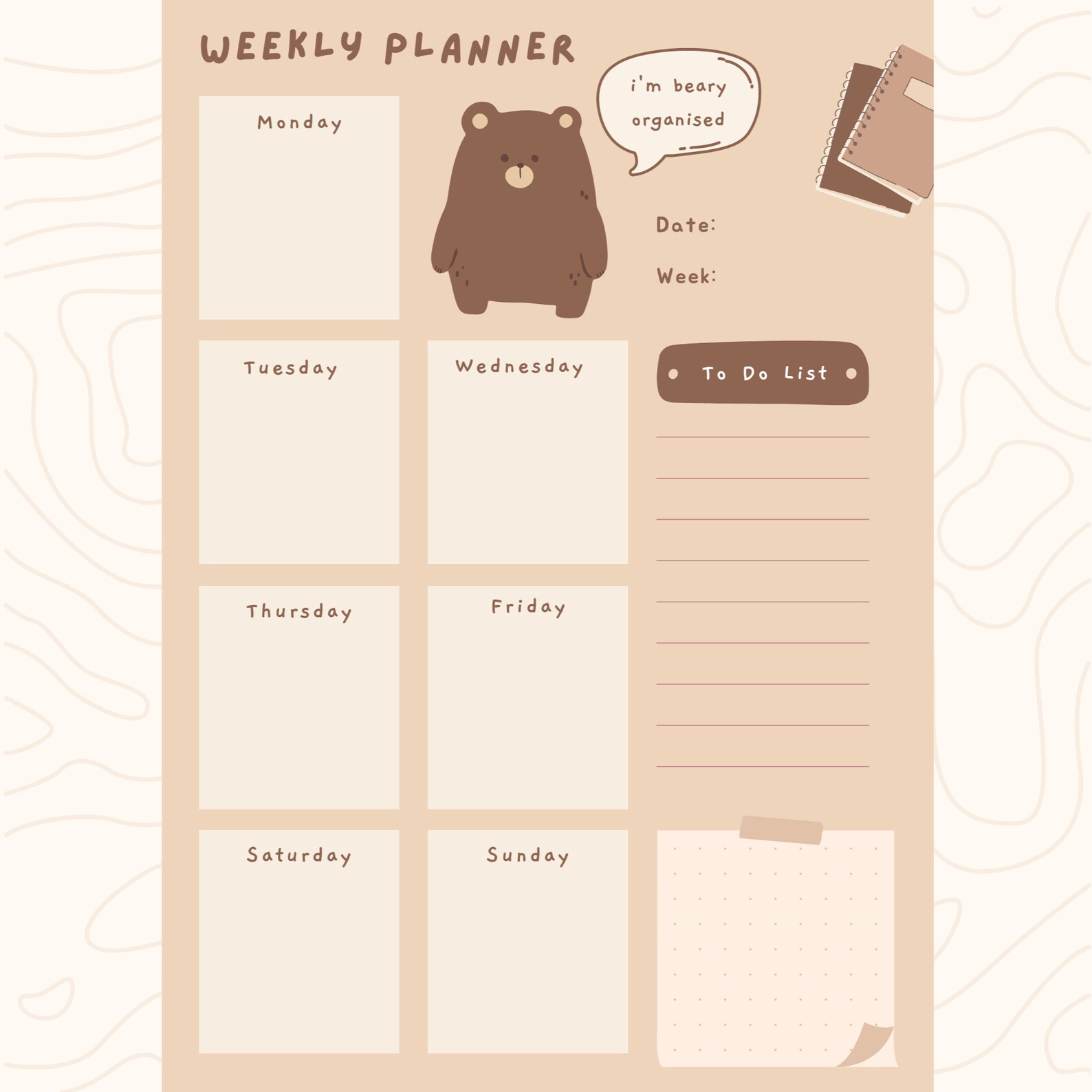 Printable Bear Weekly Planner - Etsy