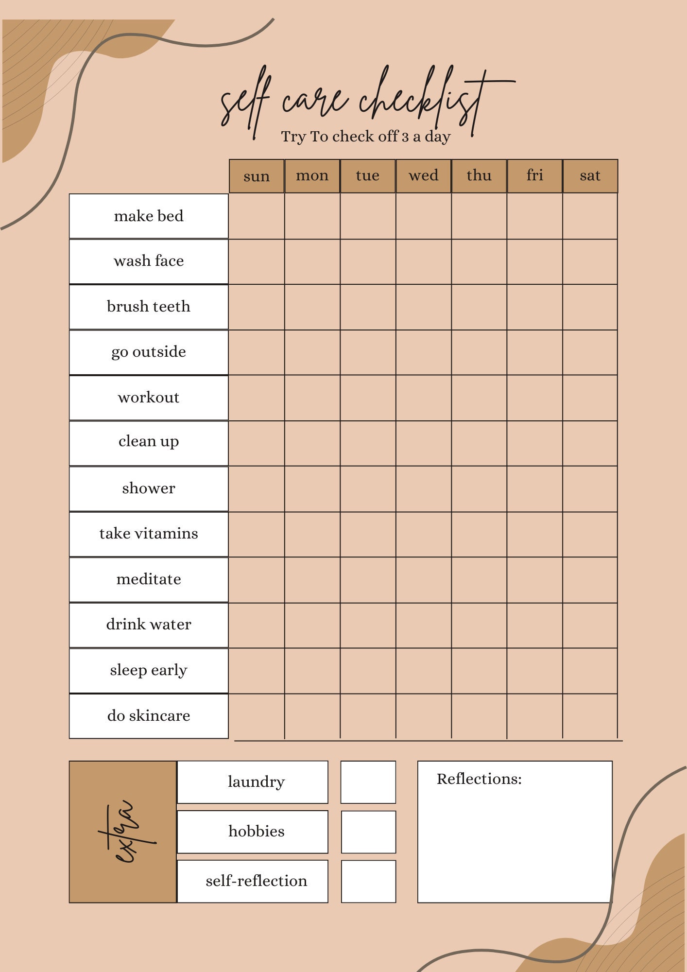 Self-care Checklist Self Care Worksheet Growth Mindset Therapy ...