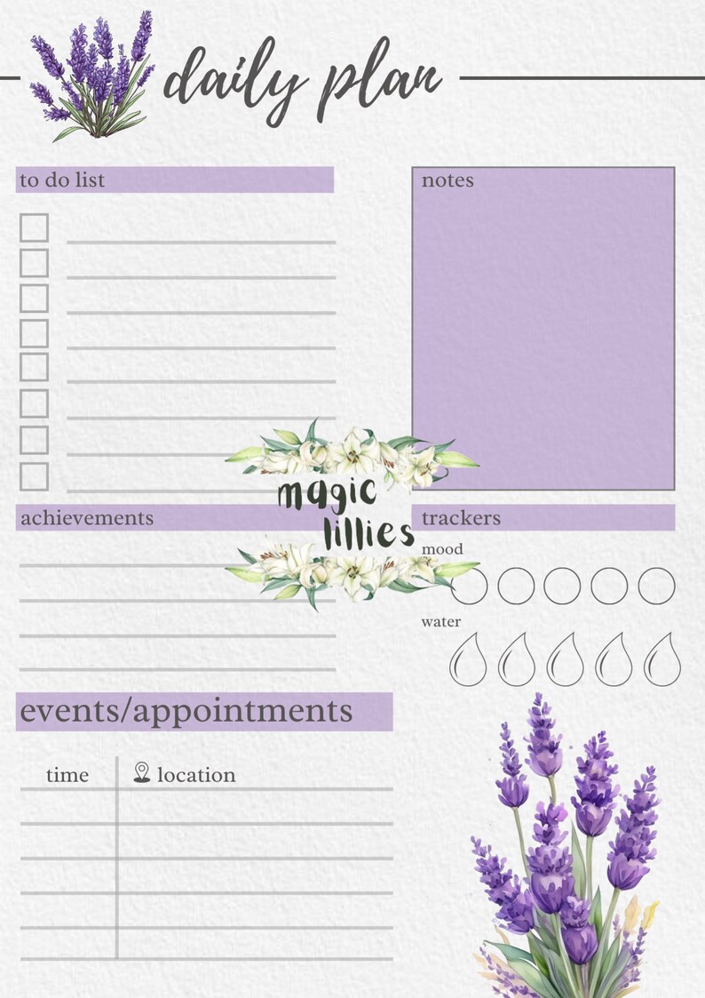 Simple Daily Planner Sheet A4 Size Printable Lavender Floral Theme - Etsy