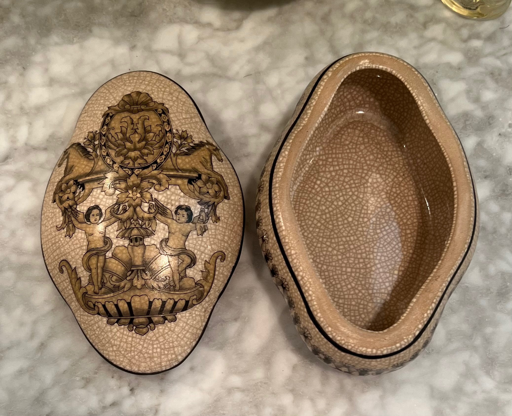 Angel Trinket Box, French Heraldic Coat of Arms Horses Cherubs, Vintage ...