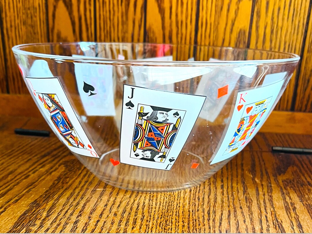Large Vintage 1980,s Glass Cards Theme Bowl, Luminarc Card Party Bowl ...