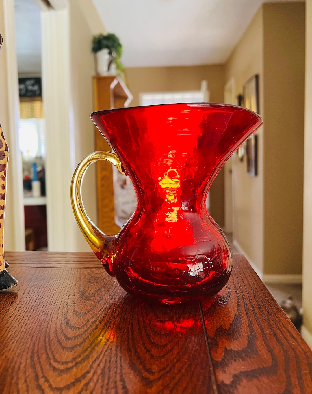 Ruby Red Squat Pitcher, With Applied Yellow Handle, Blenko - Etsy