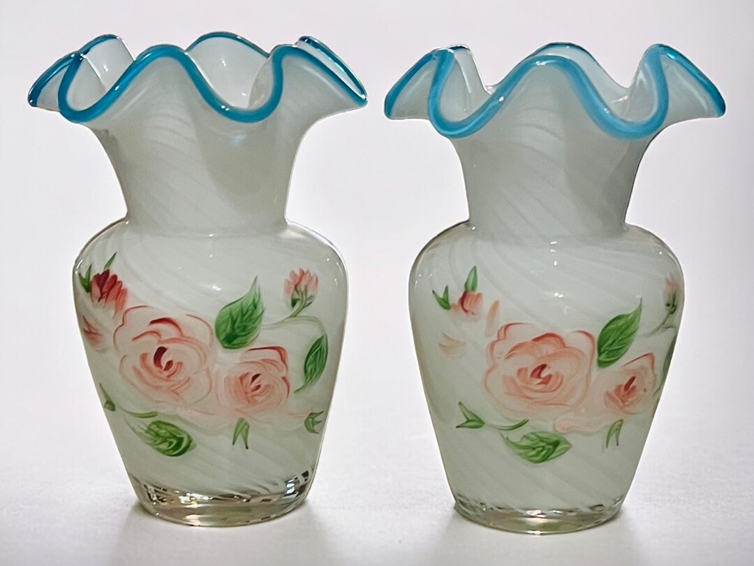 2 ~ Fenton Aqua Crest Ruffled Edge Swirl With Painted Pink Roses | Vintage Fenton Vase | Cottage ...