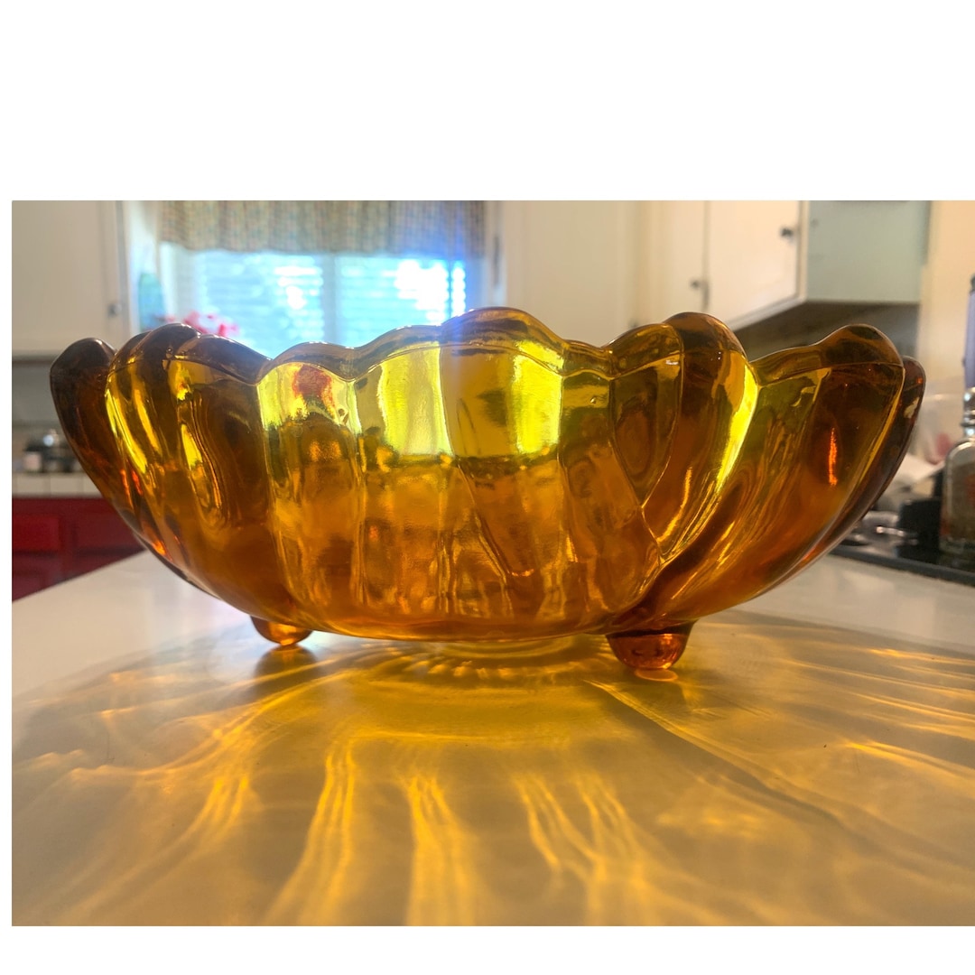 Indiana Amber Glass Bowl, Sunflower 3 Footed Centerpiece Bowl With ...