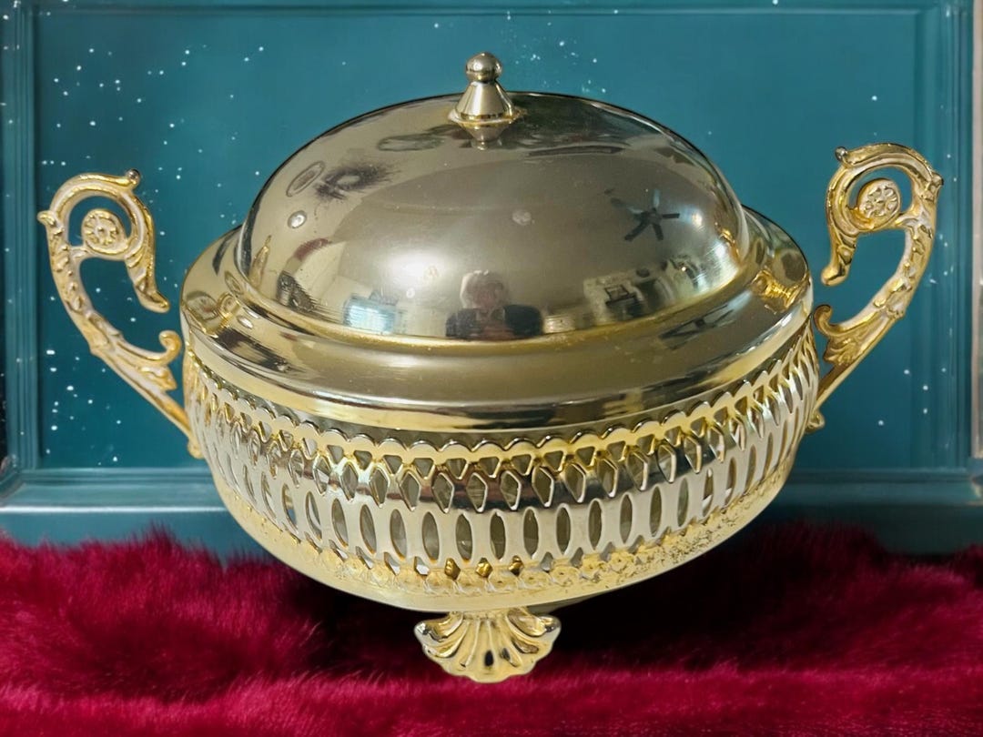 VTG French Style Powder Puff Holder With Gold Handles and Footed ...