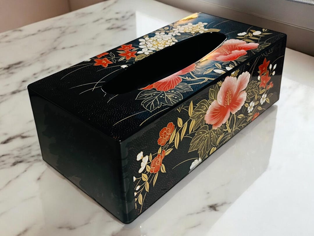 VTG Tissue Box | Japanese Black Acrylic With Gold & Floral Design ...