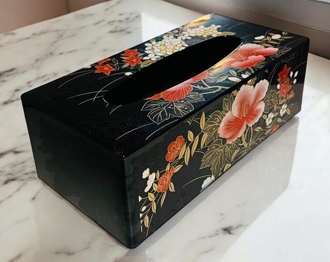 VTG Tissue Box | Japanese Black Acrylic With Gold & Floral Design ...