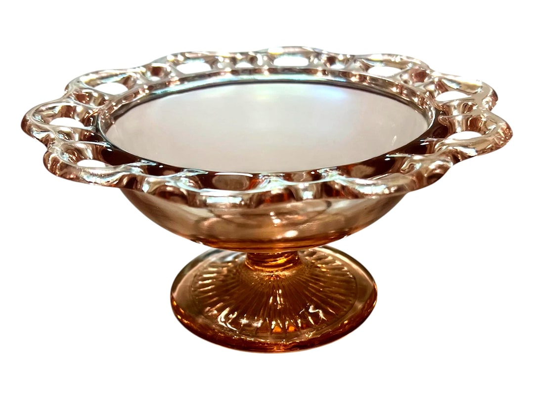 VTG "lace Edge Pink" | Round Compote Pink Depression Glass Pedestal ...