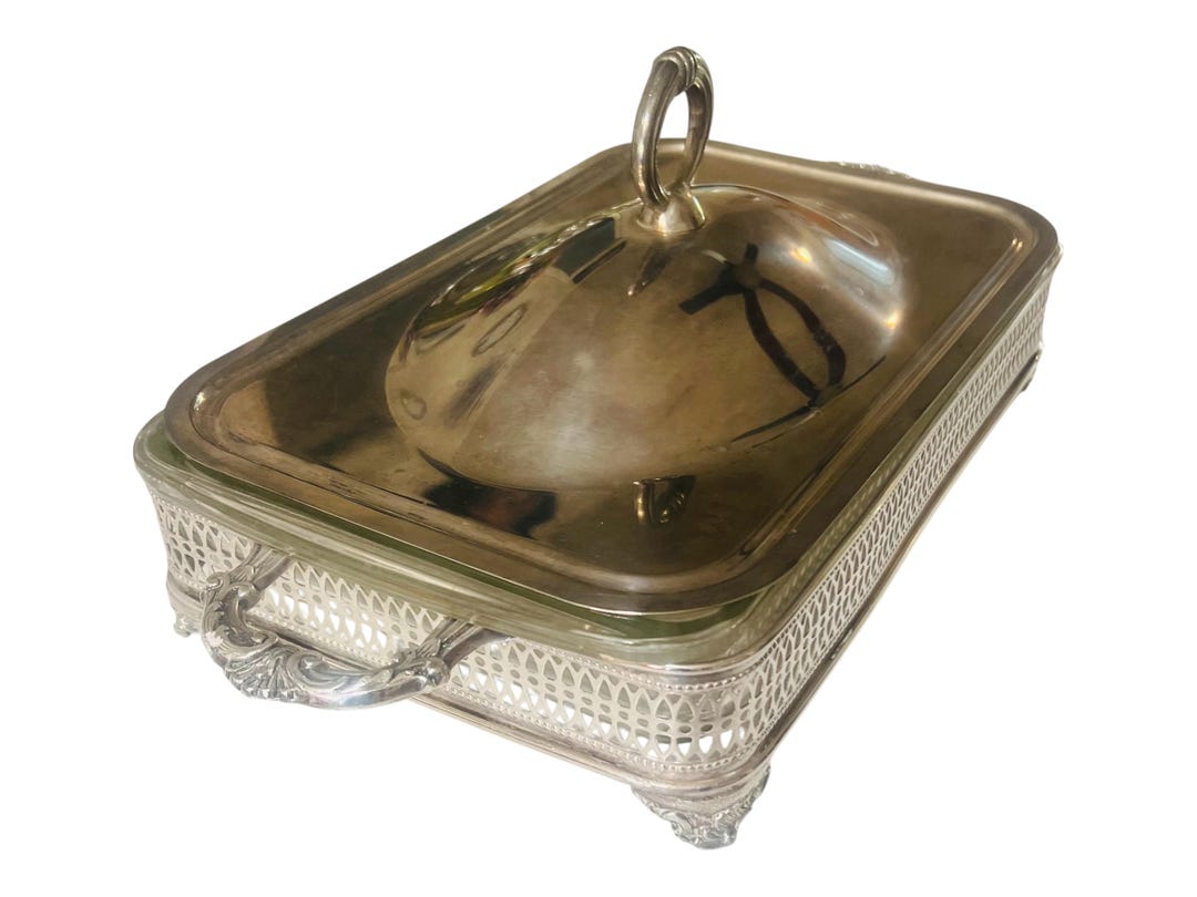 VTG Buffet Silver Plated Covered Bake N Serve Footed Tray With PYREX ...
