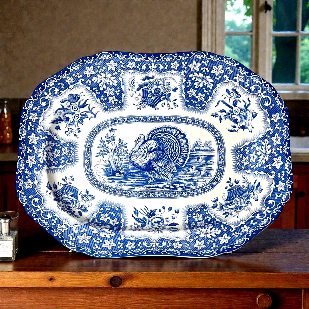 VTG SPODE England Festival Blue and White Turkey Platter | Blue and ...