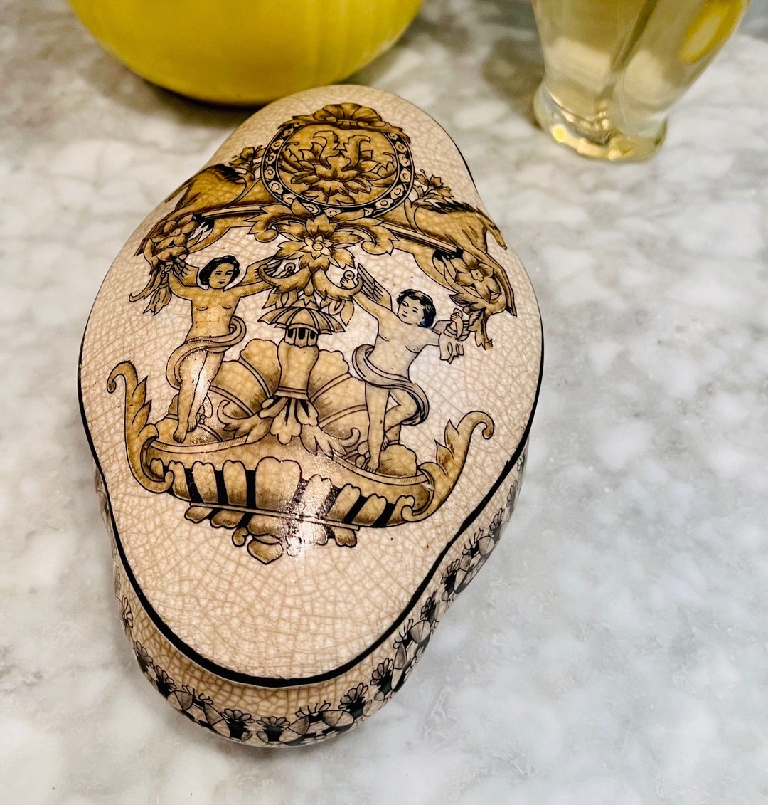 Angel Trinket Box, French Heraldic Coat of Arms Horses Cherubs, Vintage ...