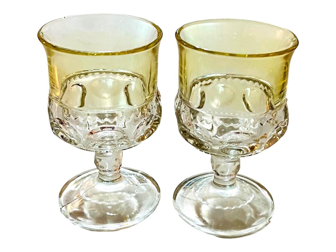 2 ~ Kings Crown Thumbprint Tiffin Glass Co | Clear and Yellow Wine ...