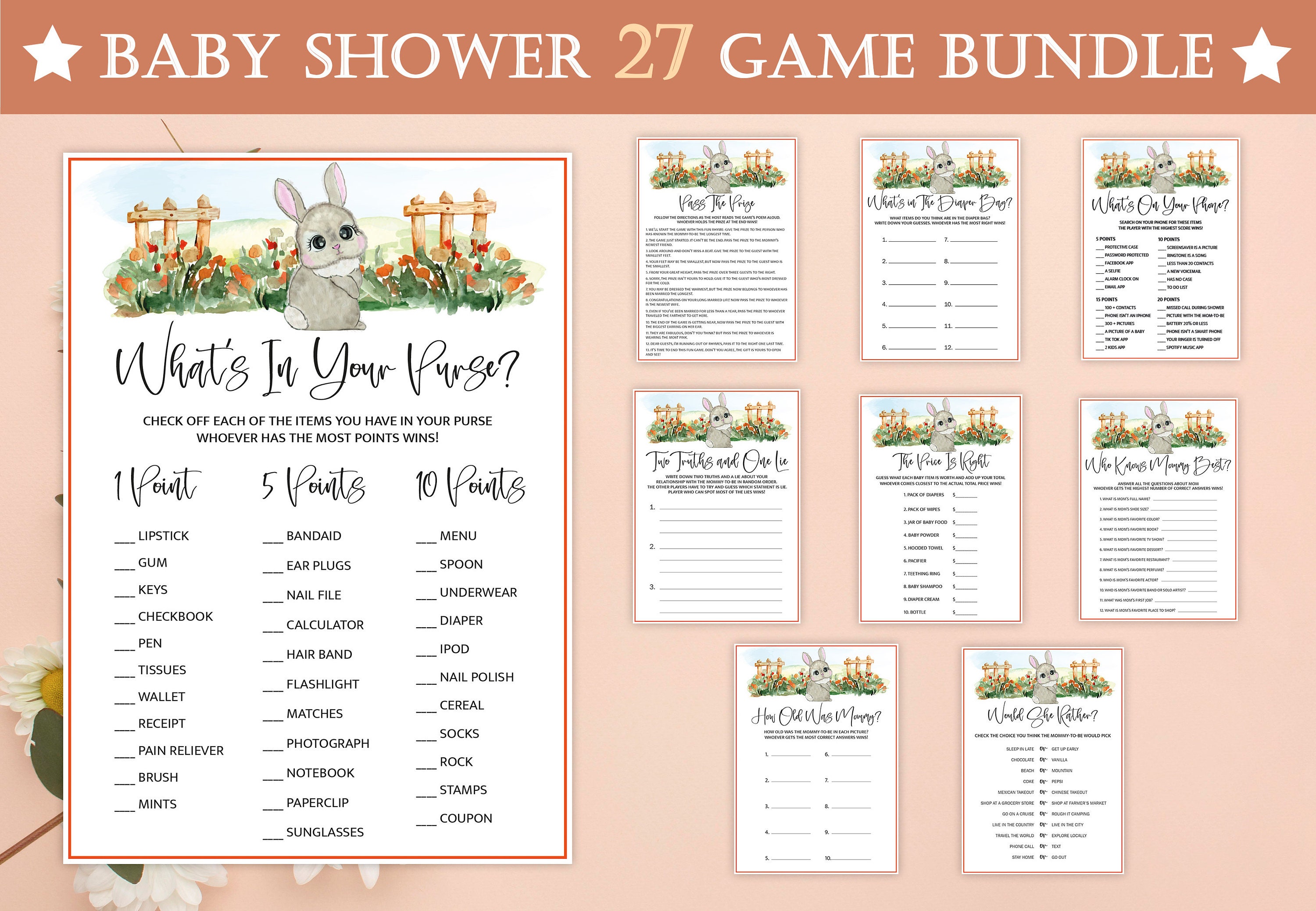 Bunny Theme Baby Shower Game Bundle | 27 Baby Shower Games | Baby ...