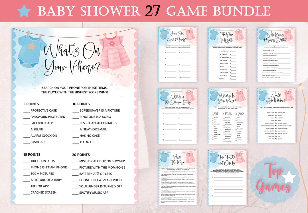 Gender Reveal Baby Theme Baby Shower Game Bundle | 27 Baby Shower Games ...