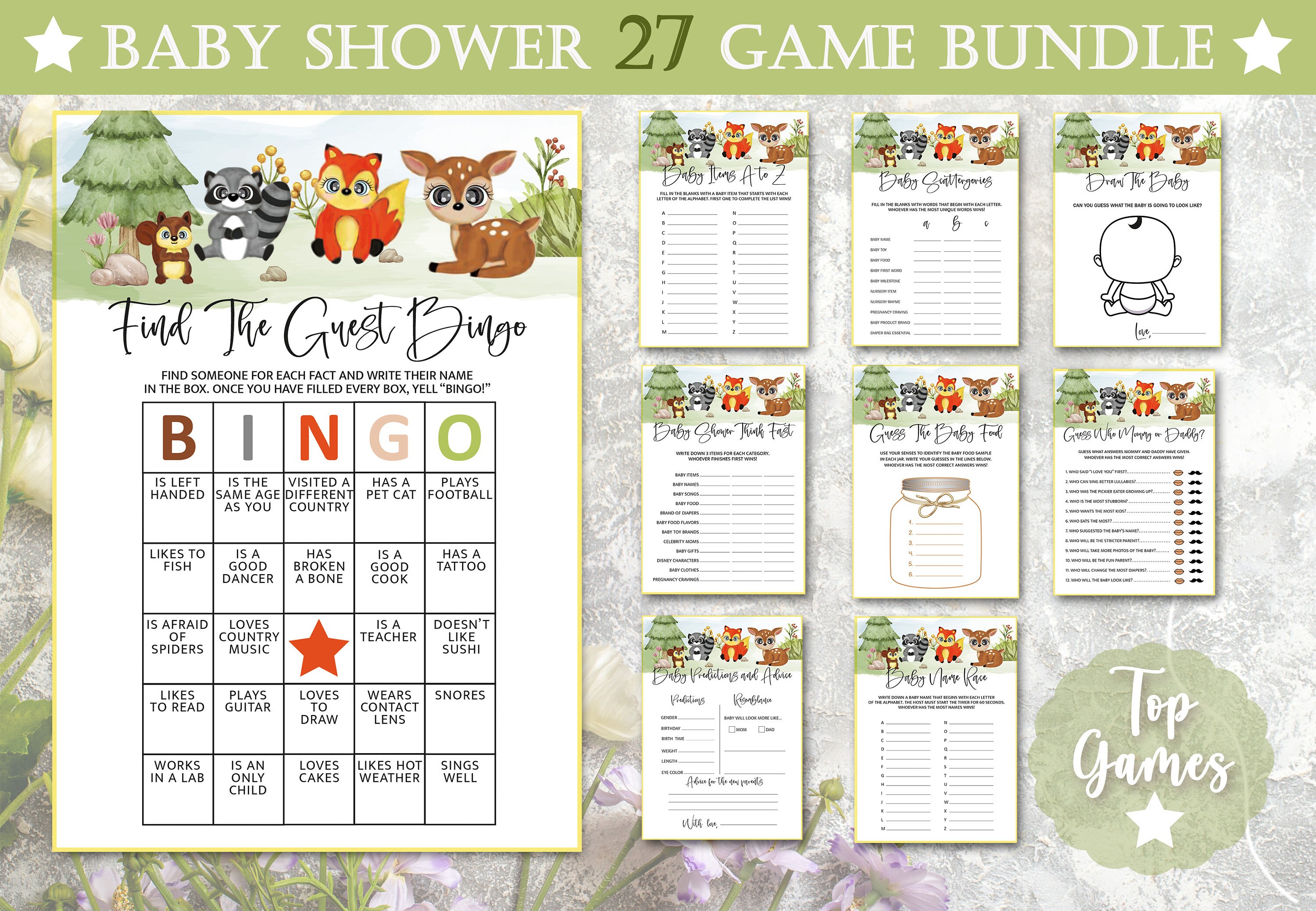 Woodland Theme Baby Shower Game Bundle Baby Shower Games Baby Shower ...