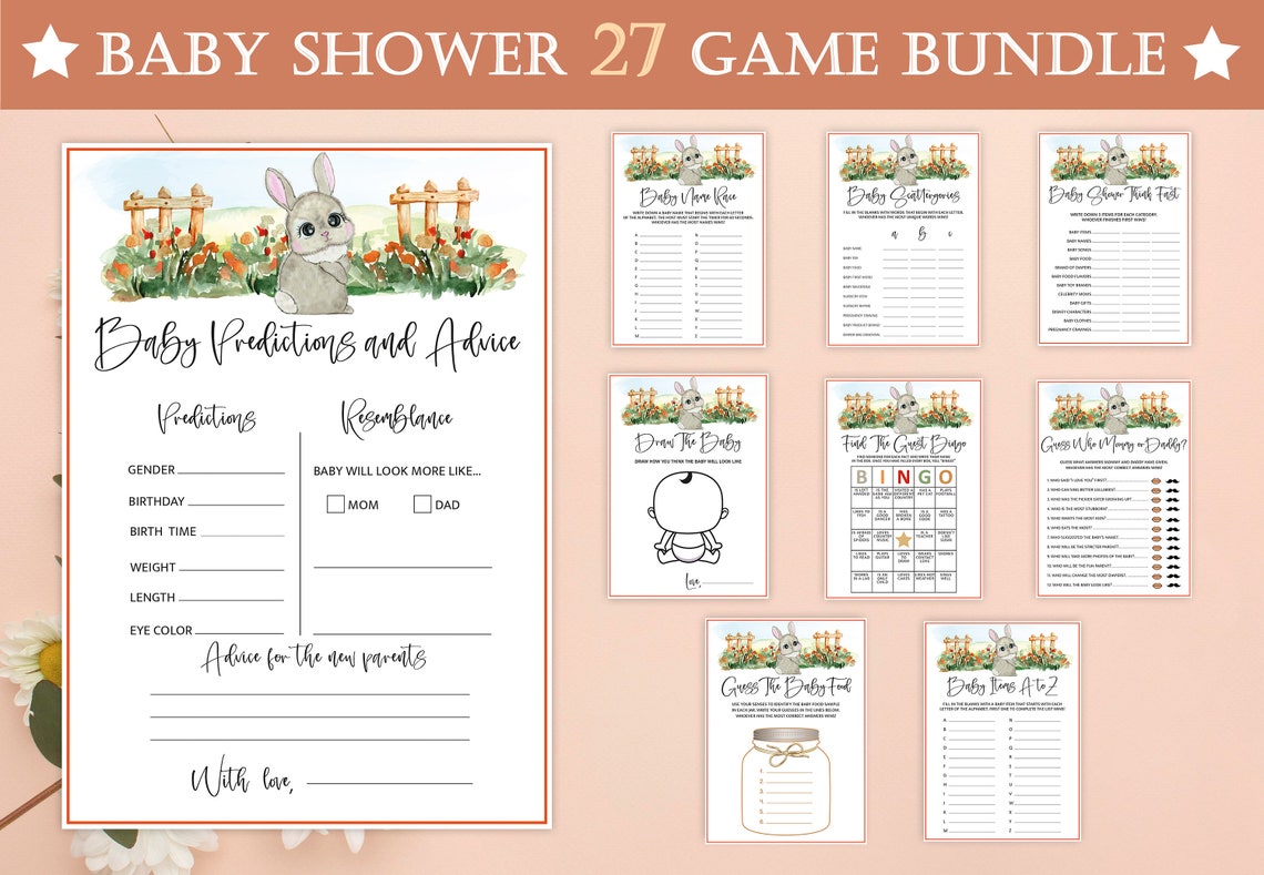 Bunny Theme Baby Shower Game Bundle | 27 Baby Shower Games | Baby ...