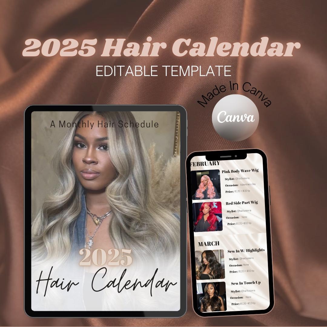 2025 Hairstyle Calendar, Viral Hair Calendar, Digital Planner, Canva ...