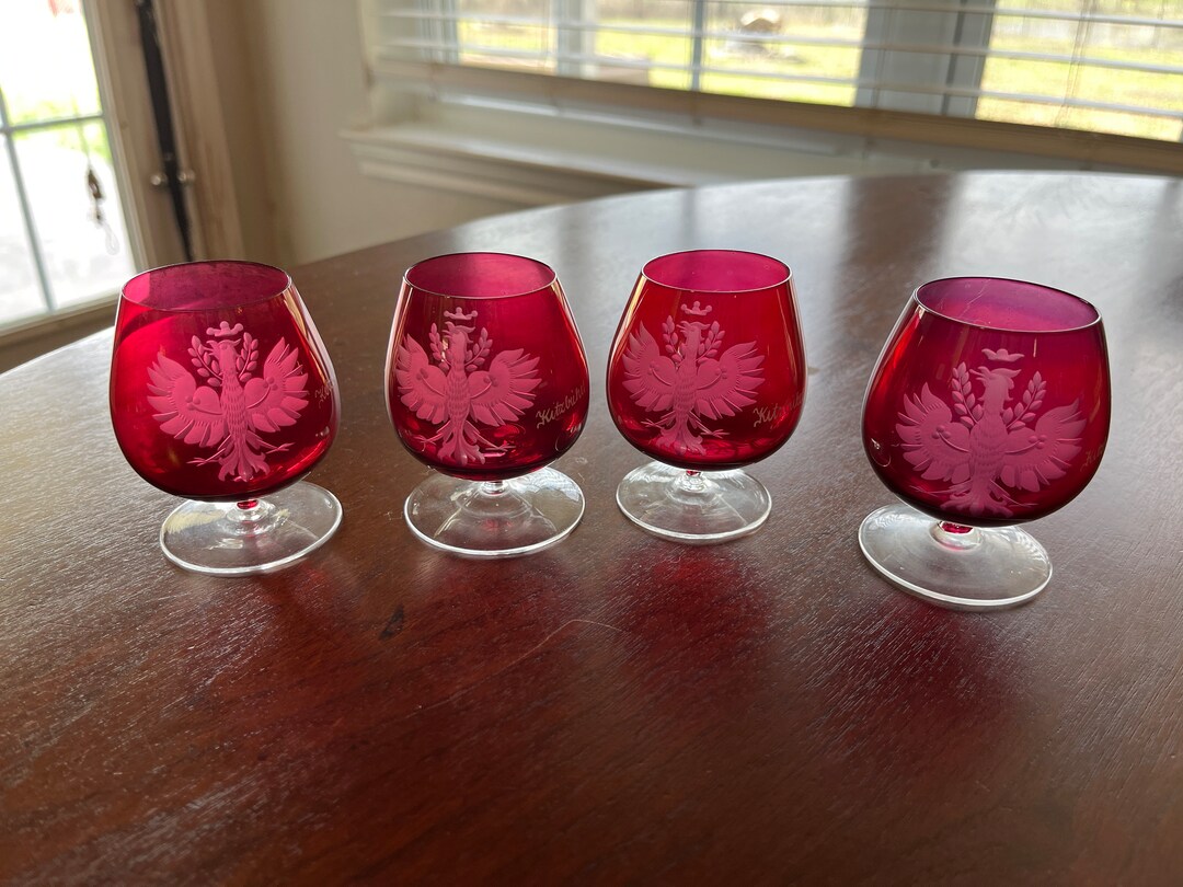 Set of 4 Cranberry Ruby Red Etched Drink Glasses From the Phoenix Cafe ...