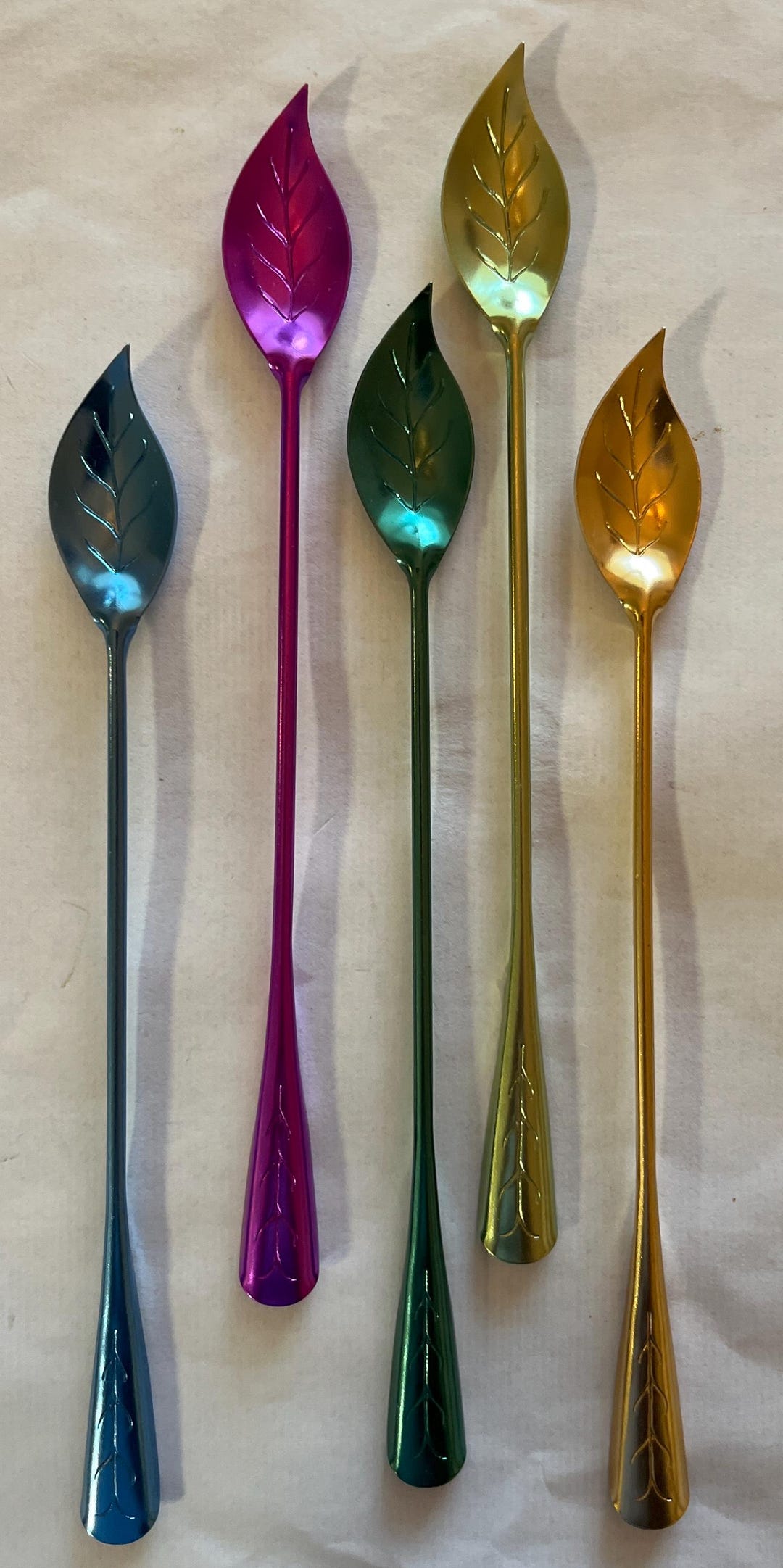 Set of 5 Vintage Anodized Aluminum Leaf Design Tea Spoons - Etsy